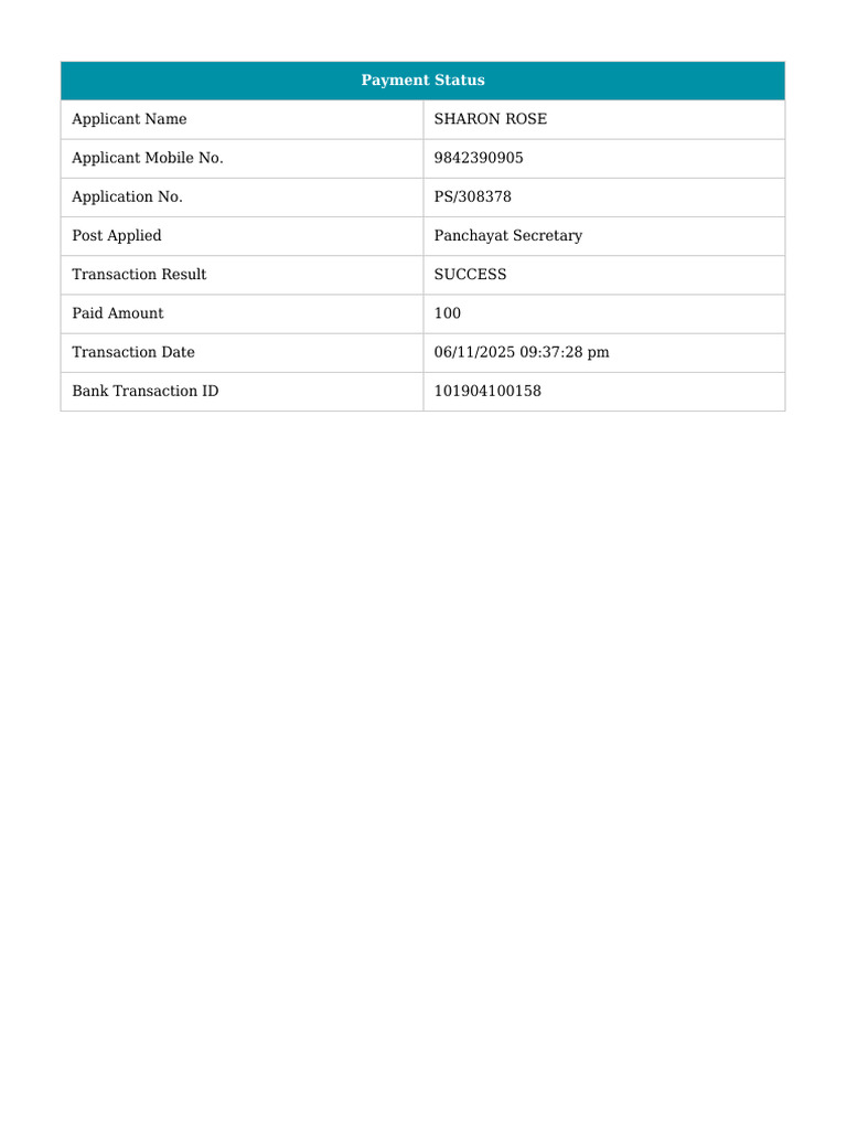Panchayat Secretary Payment Status | PDF