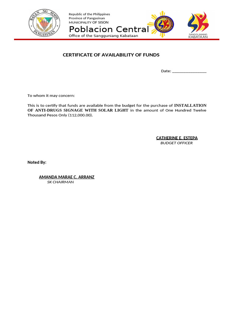 Certificate of Fund Availability for Signage | PDF