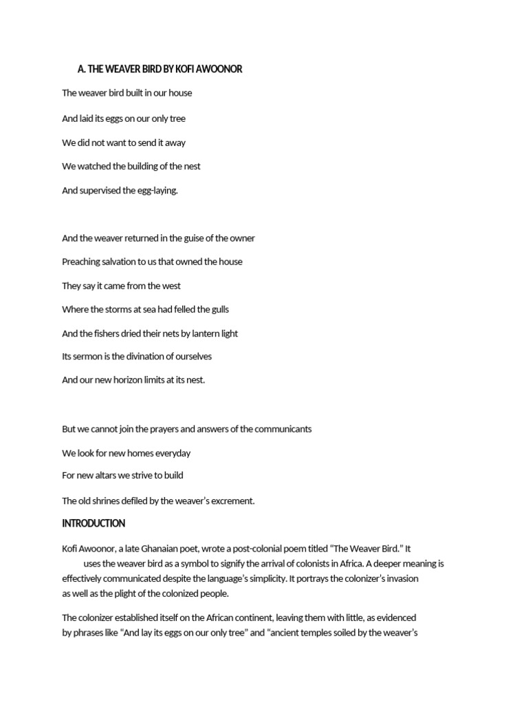 Kofi Awoonor's "The Weaver Bird" Analysis | PDF