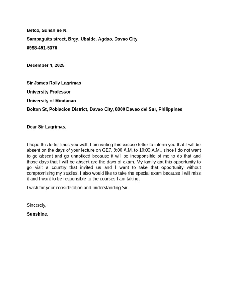 Absence Excuse Letter for GE7 Exam | PDF