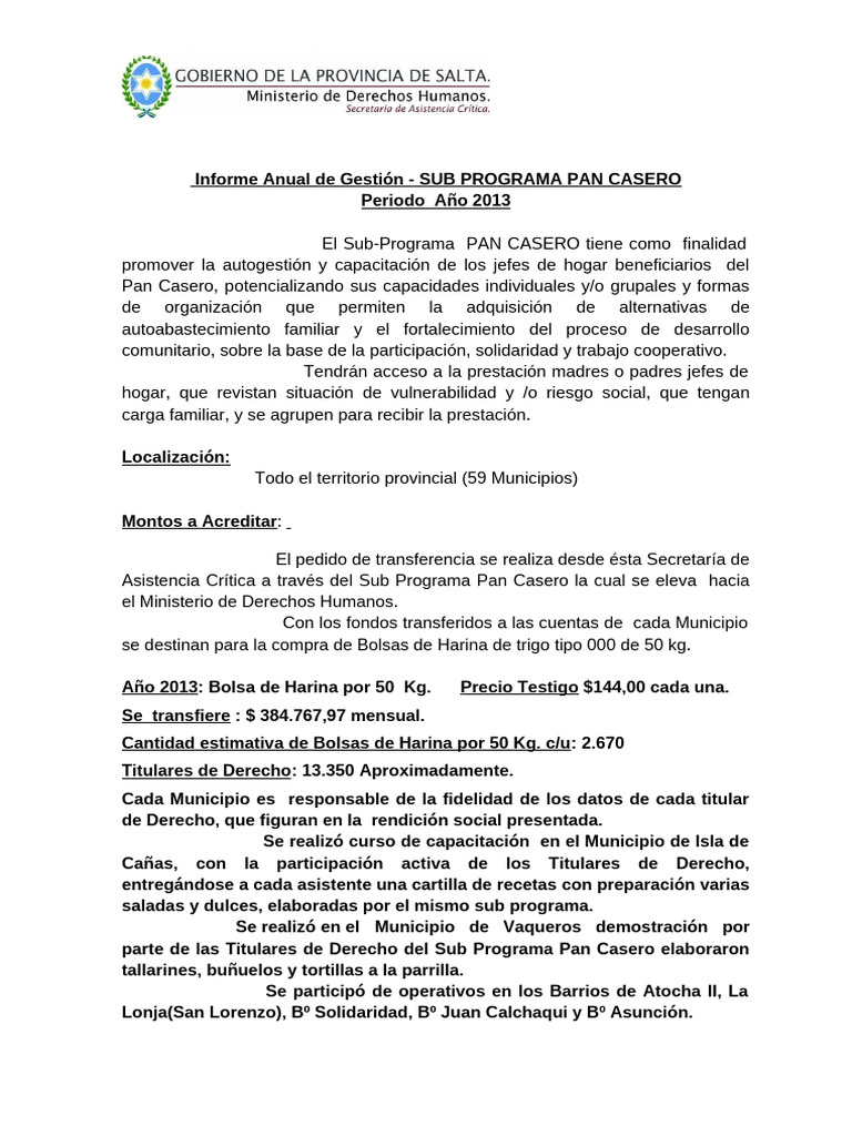 Informe Anual 2013: Sub Programa Pan Casero | PDF | Panes