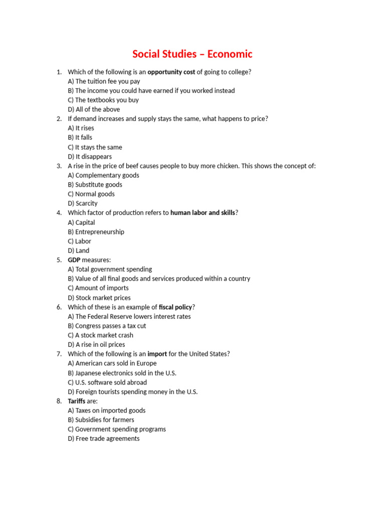 Social Studies- Economy Test | PDF | Demand | Prices