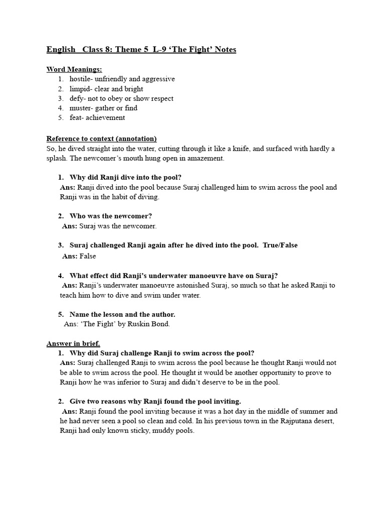 Class 8 English: 'The Fight' Notes | PDF | Chess Theory | Chess