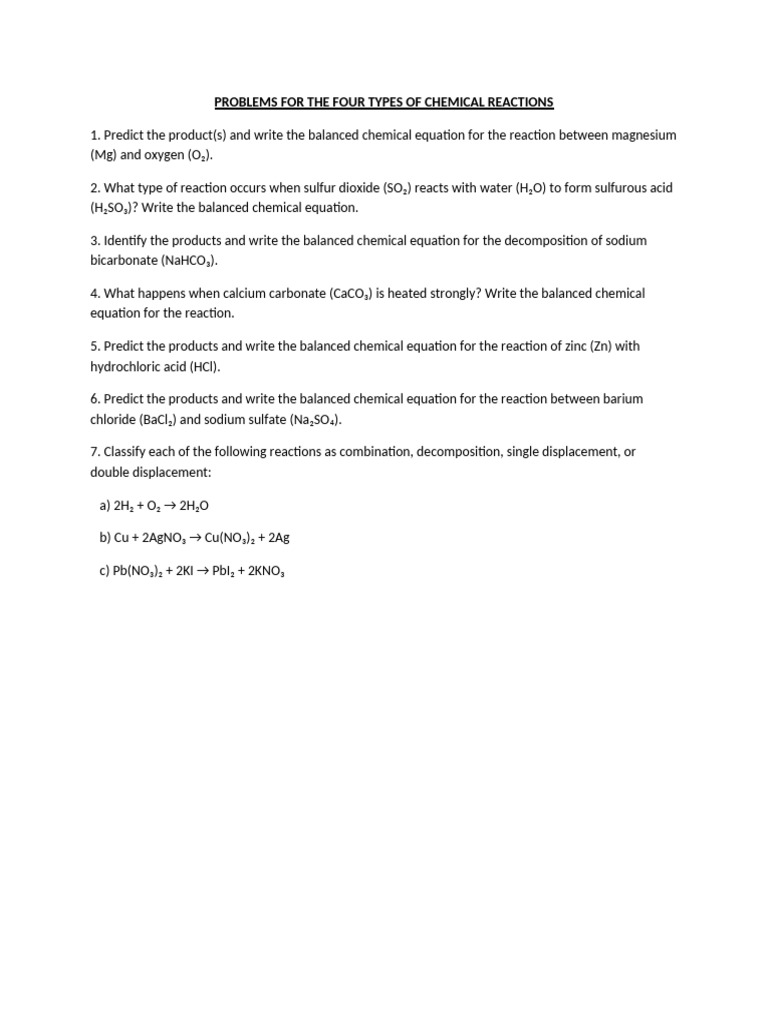 Problems for the Four Types of Chemical Reactions | PDF