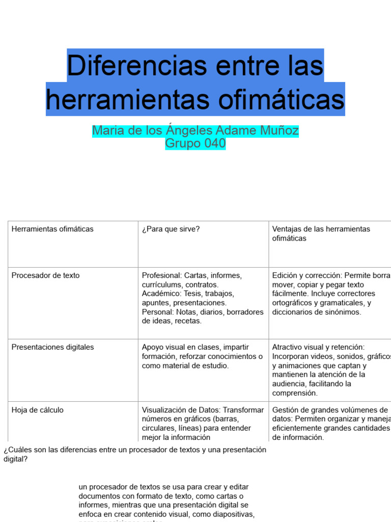 Diferencias Entre Las Herramientas Ofimáticas | PDF | Procesador de ...