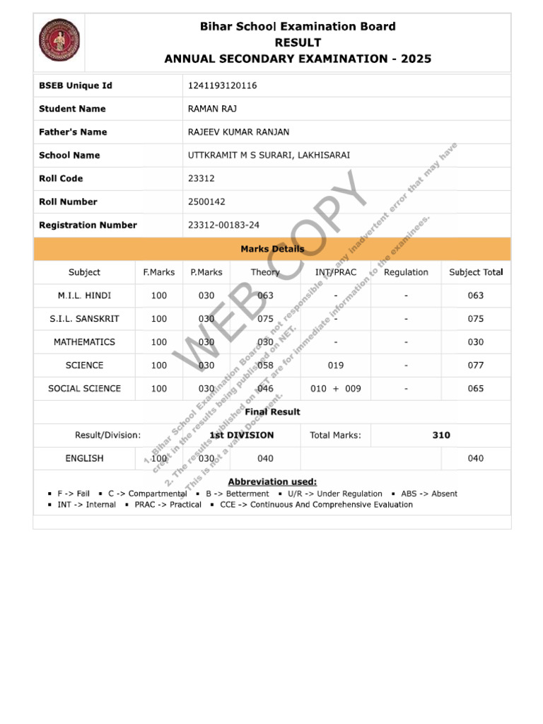 Raman Raj 10th Result | PDF