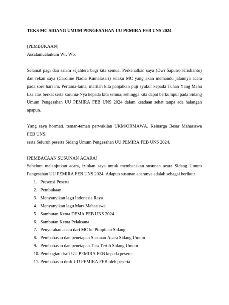 Sidang Pengesahan UU PEMIRA FEB UNS 2024 | PDF