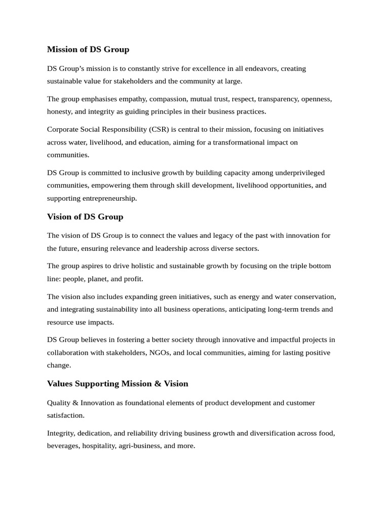 DS Group Mission & Vision Overview | PDF