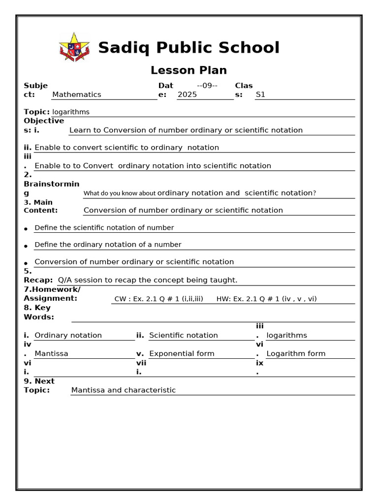 Lesson Plan S1 1st Sep. to 5th Sep. | PDF | Logarithm | Numbers