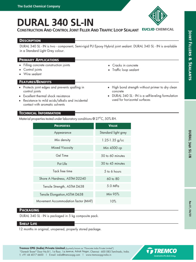 DURAL 340 SL-IN Joint Sealant Overview | PDF | Concrete | Extrusion