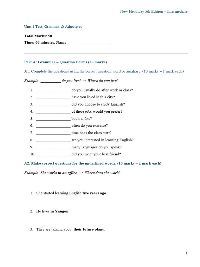 Intermediate English Test: Grammar & Adjectives | PDF | English ...