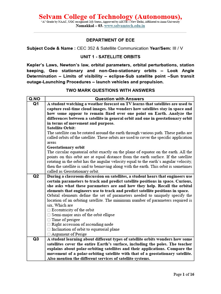 Cec 352 Sc Unit 1 Case Study | PDF | Orbit | Apsis