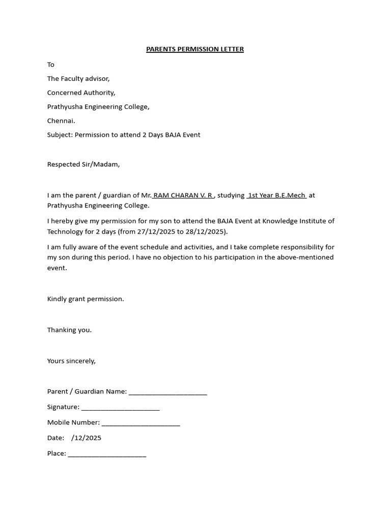 Parent Permission Letter for BAJA Event | PDF