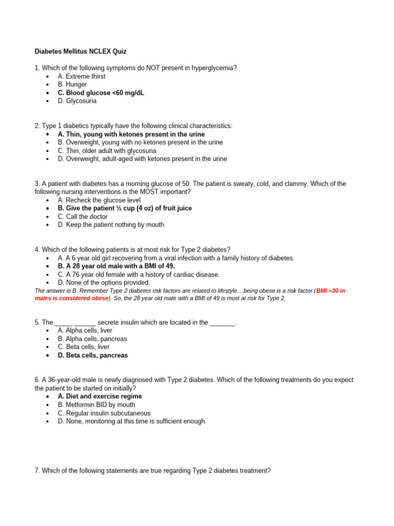 Diabetes Mellitus NCLEX Quiz Questions | PDF | Diabetes | Hypoglycemia