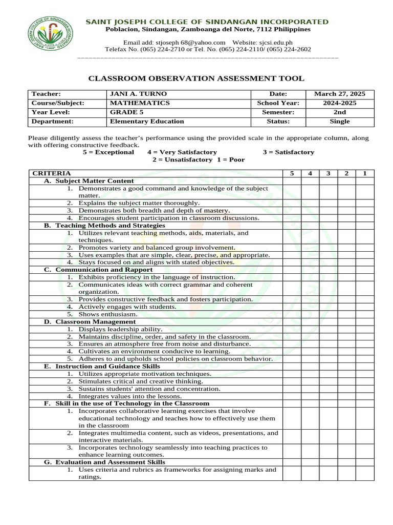 Classroom Observation Assessment Tool | PDF | Teaching Method ...