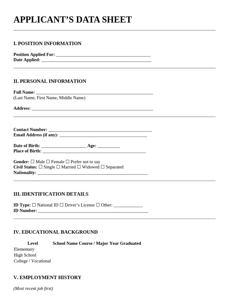 Applicant Data Sheet Template | PDF
