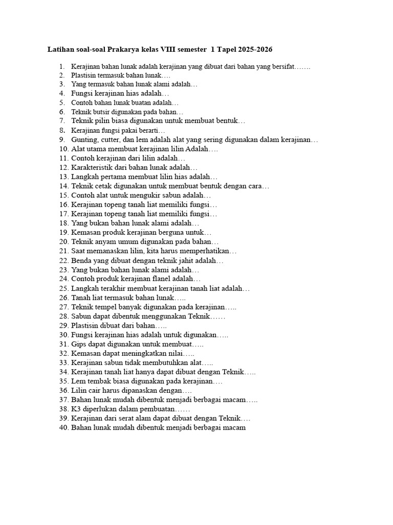 Latihan Prakarya Kelas VIII Semester 1 | PDF