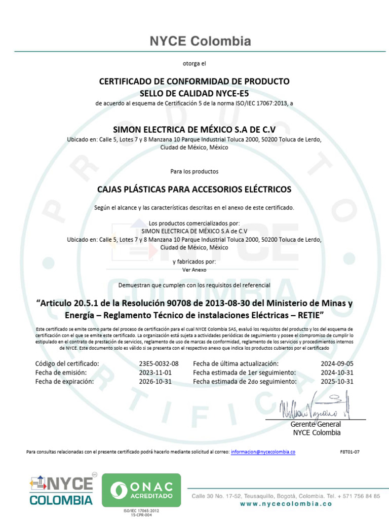 Certificado de Conformidad NYCE para Cajas Eléctricas | PDF | México
