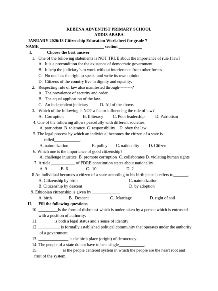 Grade 7 Citizenship Education Worksheet | PDF | Democracy | Political ...