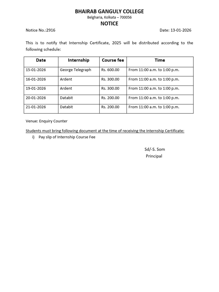 Internship Certificate Distribution Notice | PDF