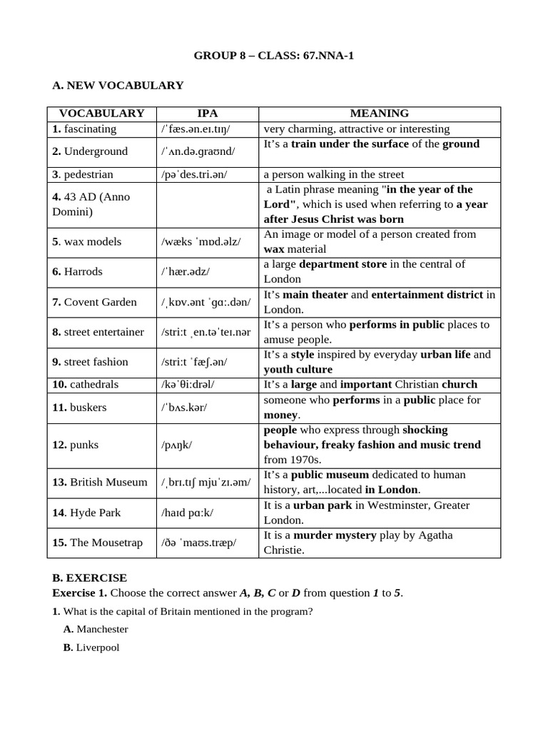 Group 8-Vocabulary Handout + Exercise (No Key) | PDF | London