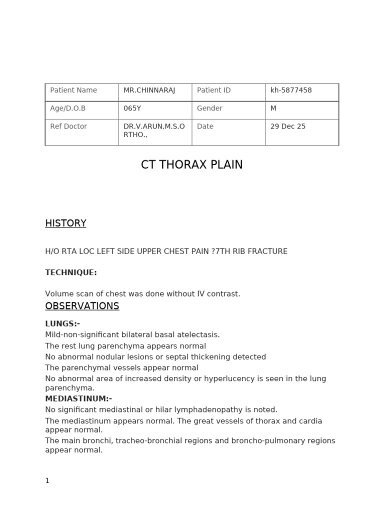 CT Thorax Report: No Rib Fracture | PDF | Thorax | Ct Scan