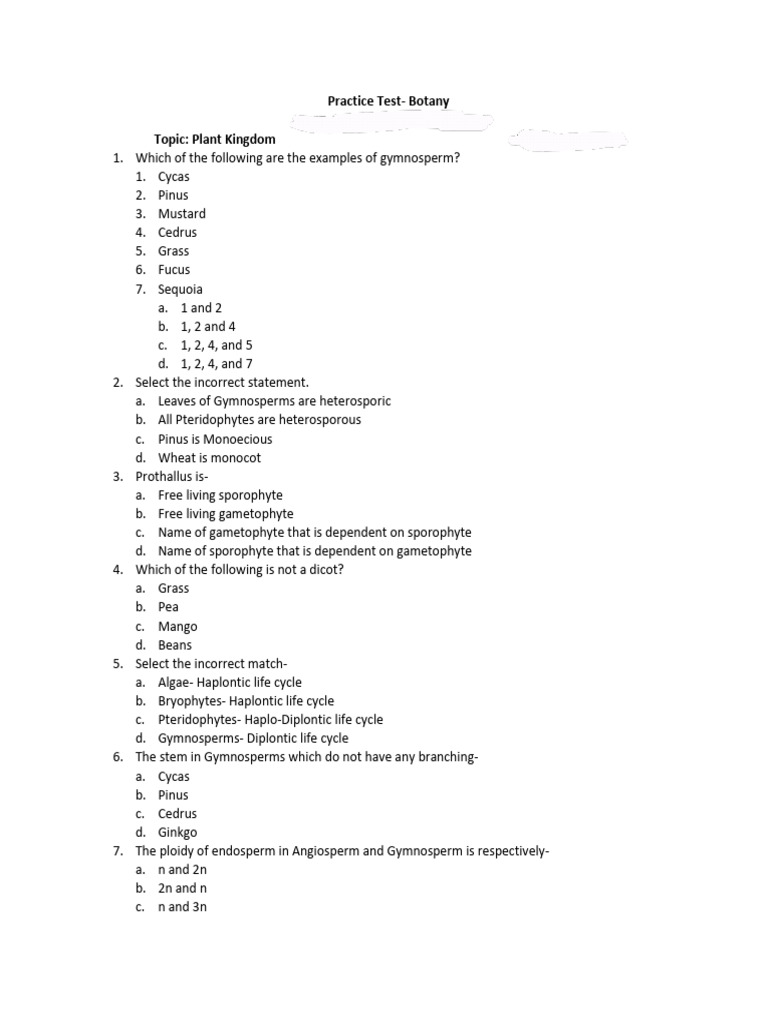 Plant Kingdom Practice Test_241019_214340 | PDF | Moss | Botany