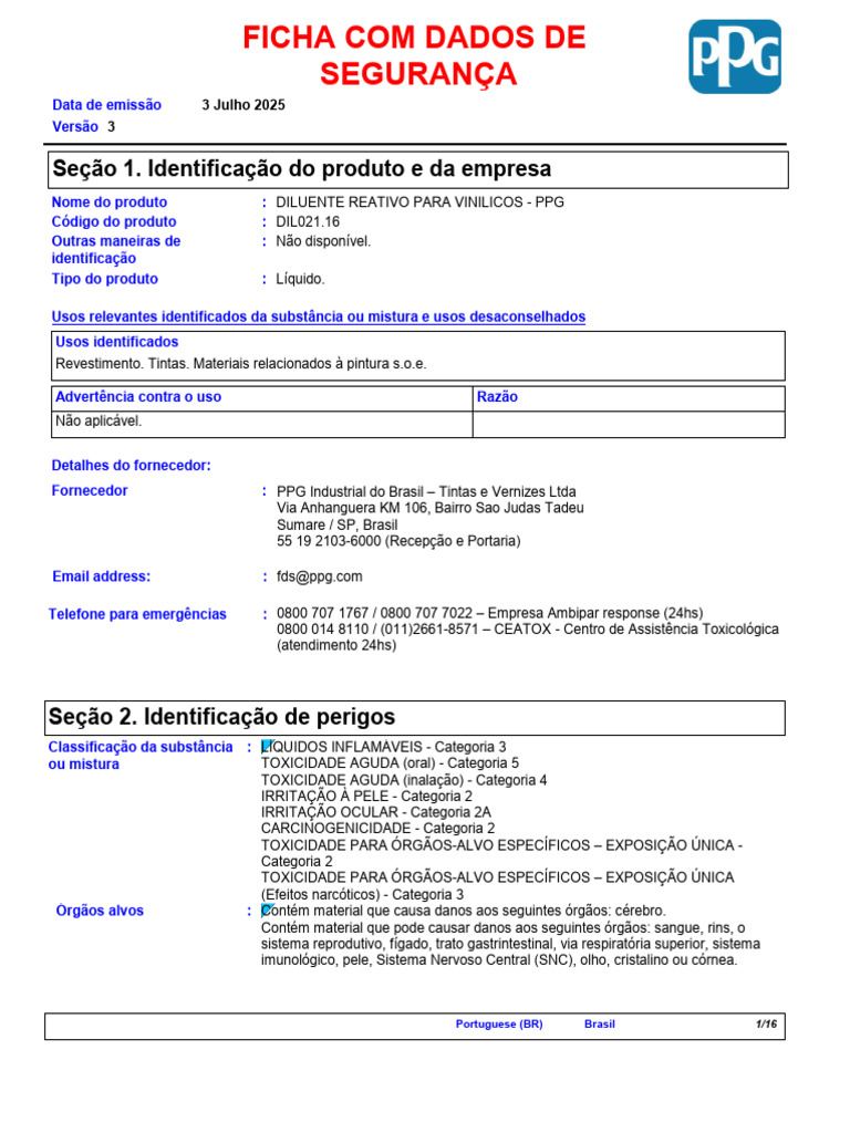 Ficha de Segurança: Diluente Vinílico PPG | PDF | Solvente | Solubilidade