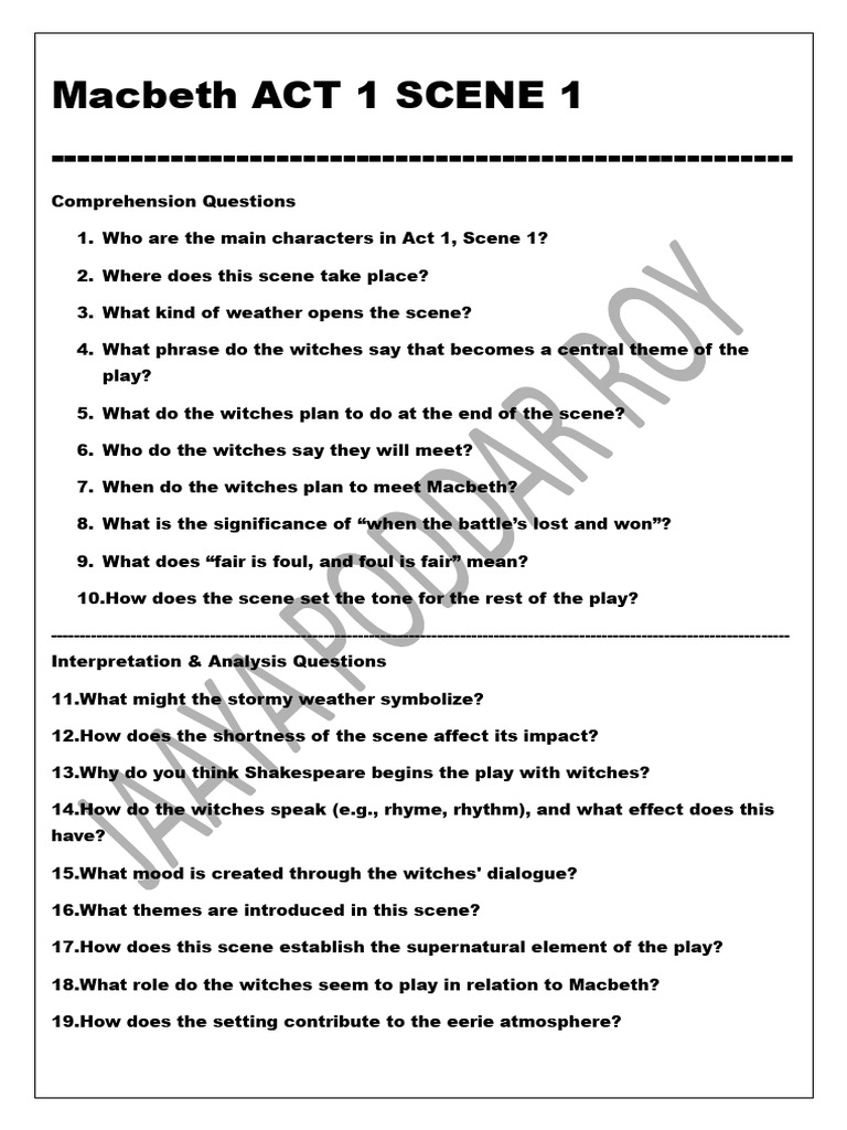 Macbeth Act 1 Scene 1 Analysis Questions | PDF
