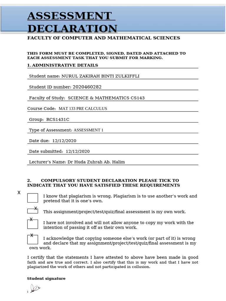 [Assessment 1 Declaration ]Zakirah | PDF