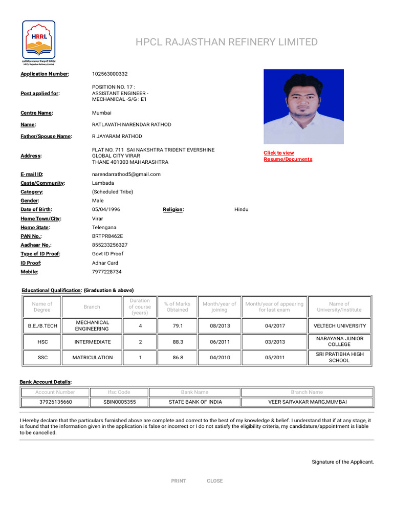 HPCL Rajasthan Refinery Engineer Application | PDF | Qualifications