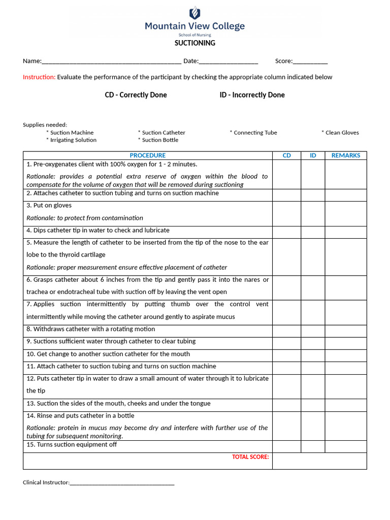 Suctioning Procedure Evaluation Checklist | PDF