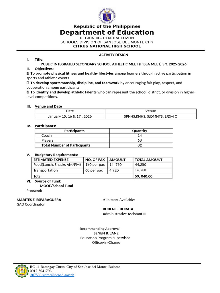Activity Design PISSA Meet | PDF