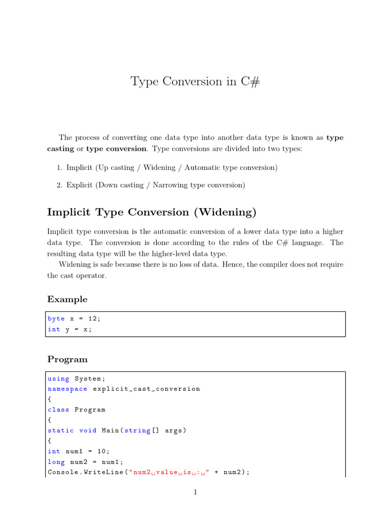 C# Type Conversion Explained | PDF | Data Type | C Sharp (Programming ...