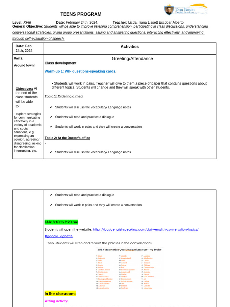 Lesson 3 - Conversation Feb 24th - 2024 | PDF | Conversation | Vocabulary