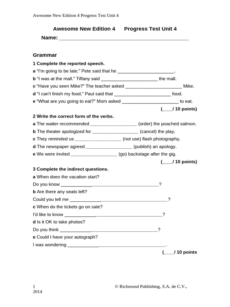 Progress Test Unit 4 for Awesome 4 | PDF