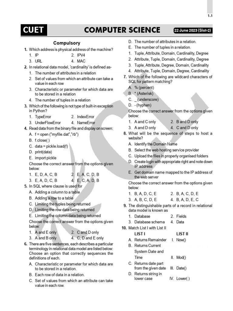 CUET 2023 Computer Science | PDF | Websites | World Wide Web