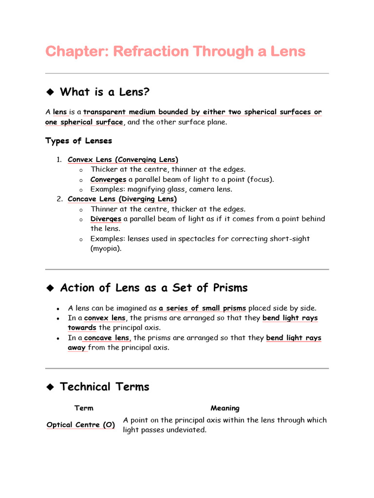 Lens Revision Notes | PDF | Lenses | Applied And Interdisciplinary Physics
