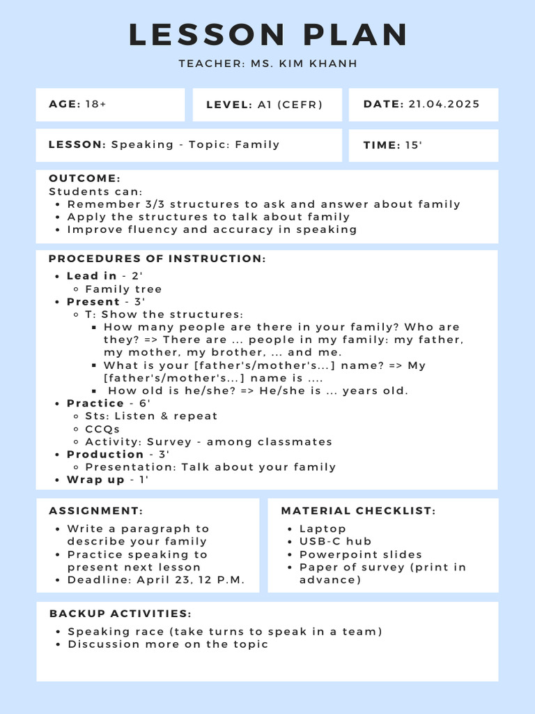 Family Speaking Lesson Plan A1 | PDF