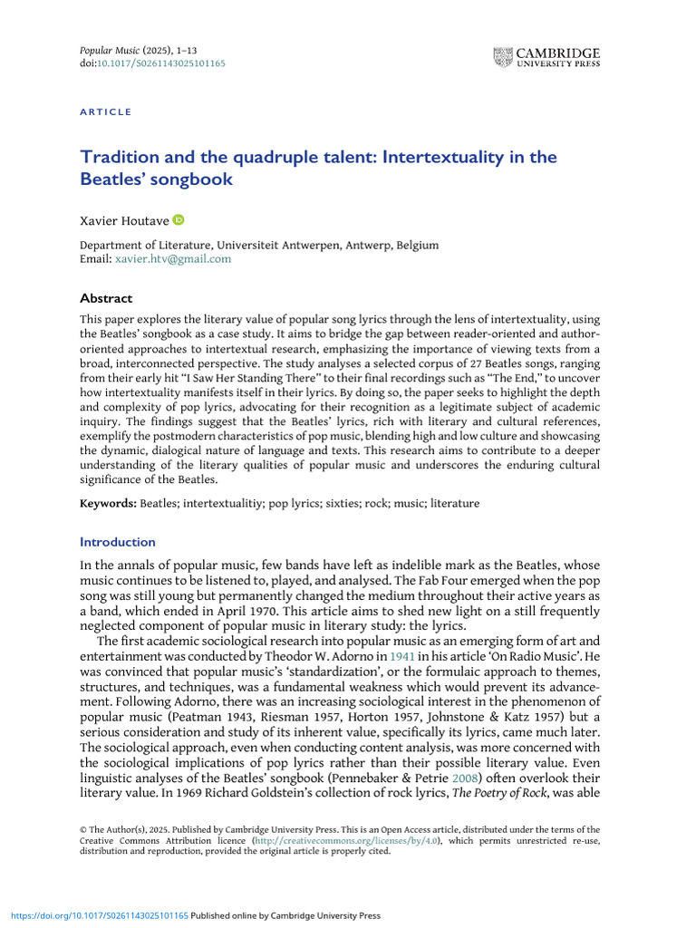Tradition and The Quadruple Talent Intertextuality in The Beatles ...
