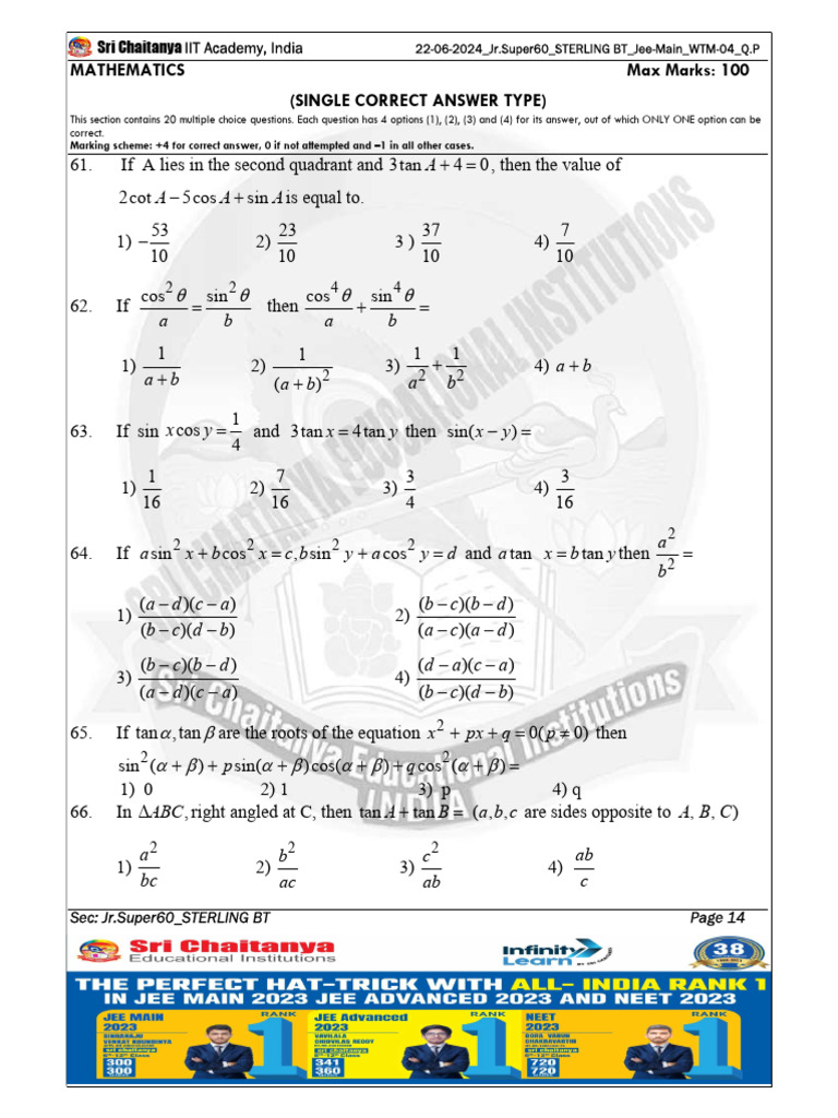 JEE Main Math Questions - Junior Super60 | PDF | Numbers | Discrete ...