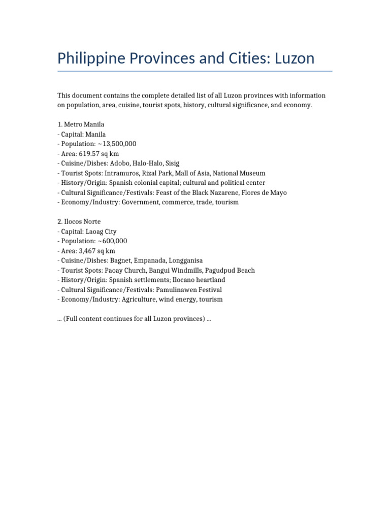 Philippines Luzon Provinces Info | PDF