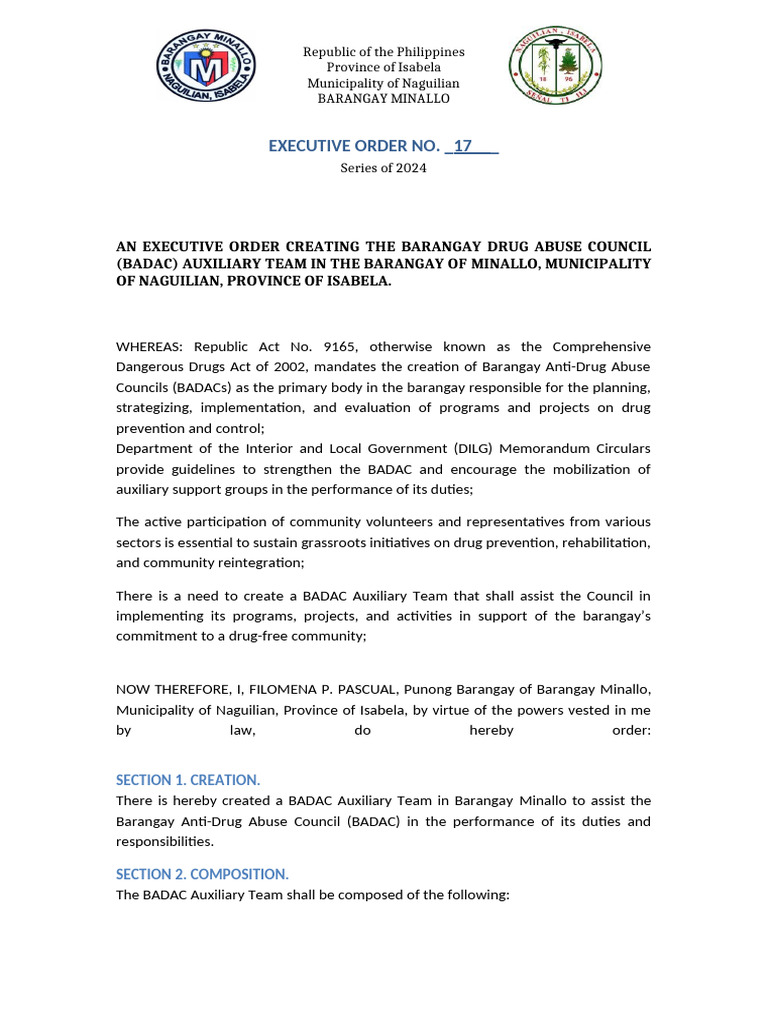 BADAC Auxiliary Executive Order | PDF | Government