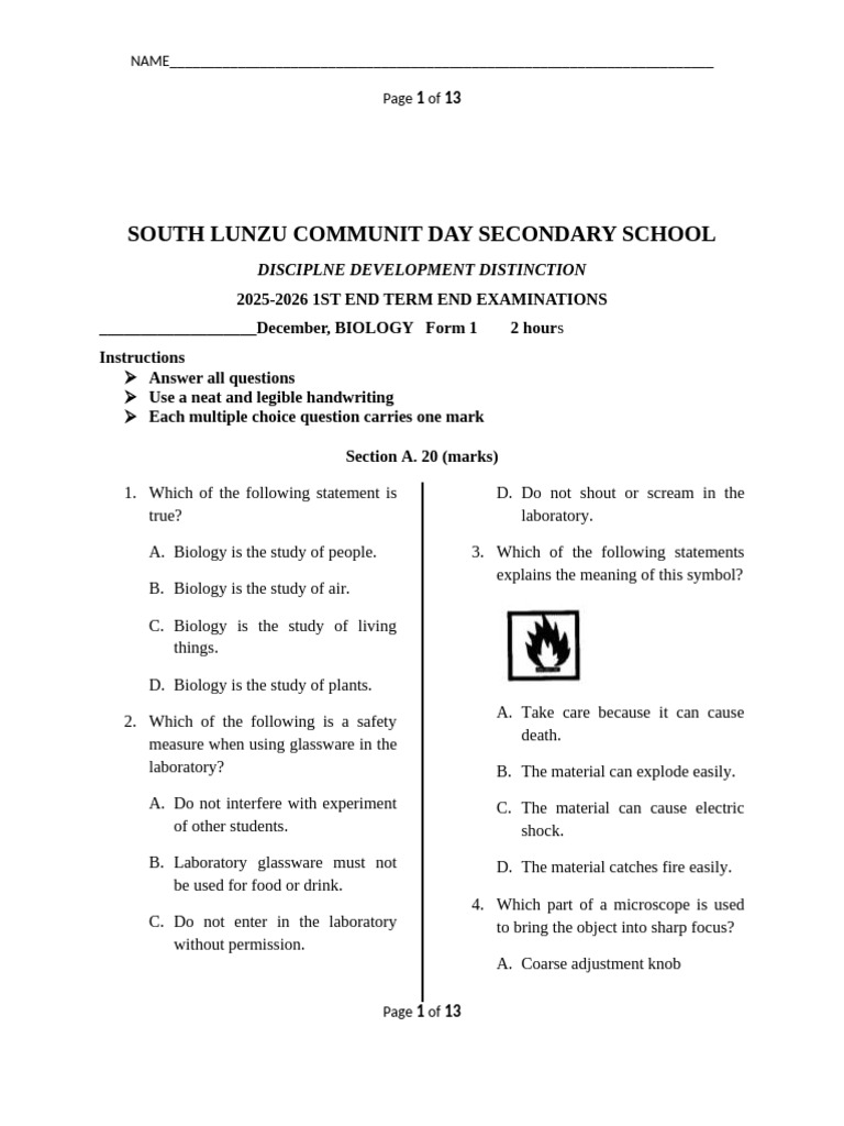 Bio Form One Test_term 1_2025_26 | PDF | Tooth | Leaf