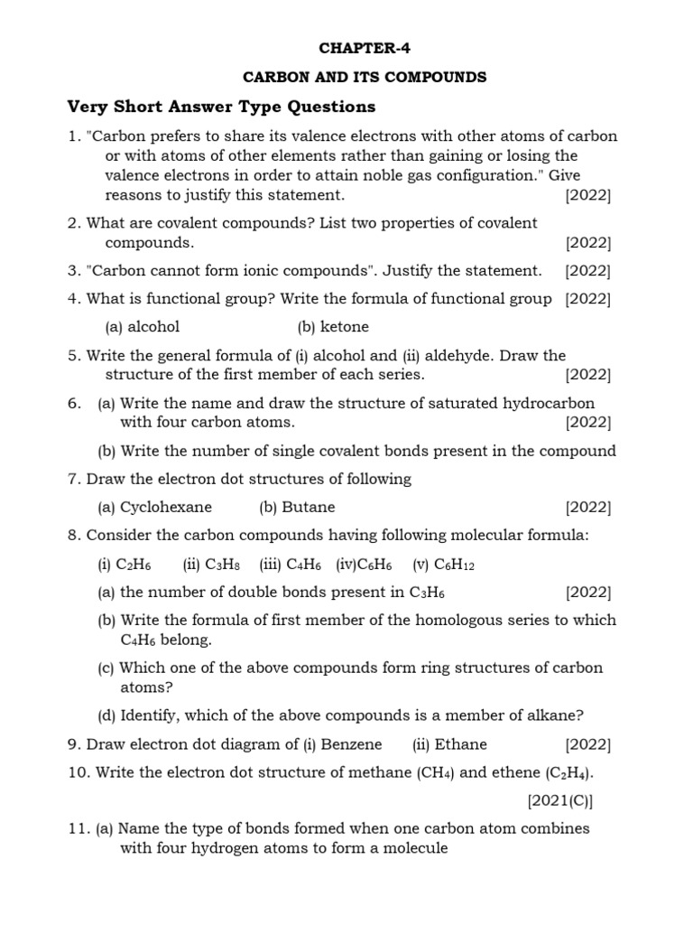 Carbon Compounds: Short Answer Questions | PDF | Chemical Compounds ...