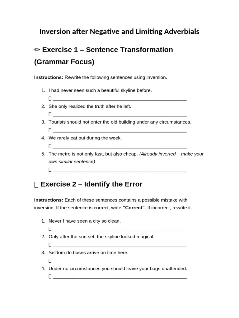 Inversion After Negative and Limiting Adverbials | PDF