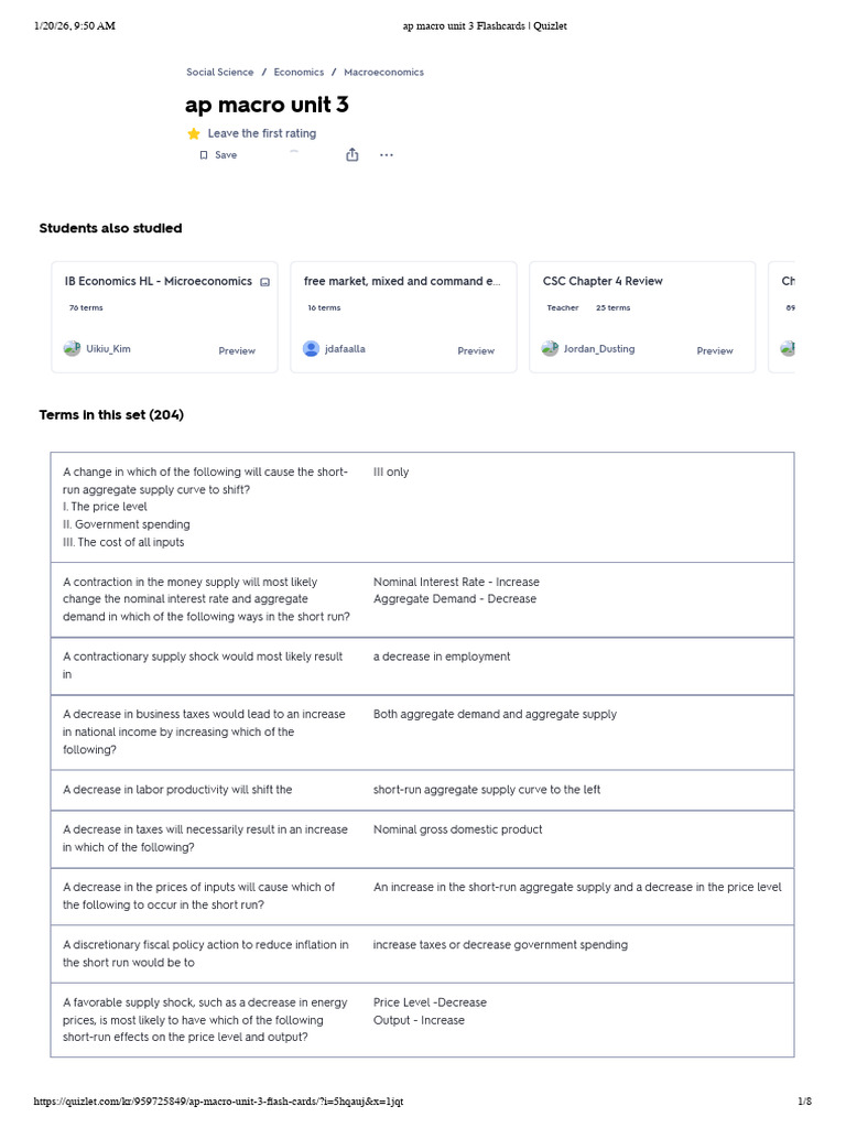 Ap Macro Unit 3 Flashcards - Quizlet | PDF | Macroeconomics | Aggregate ...