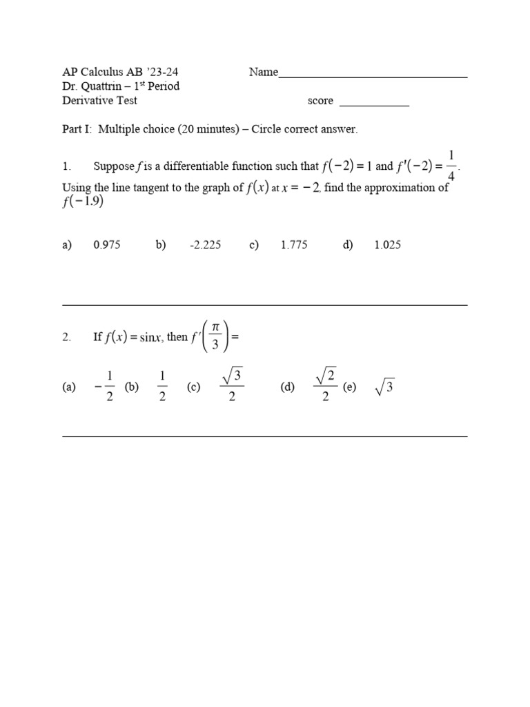 AP Calculus AB Derivative Test 2023 | PDF | Derivative | Tangent