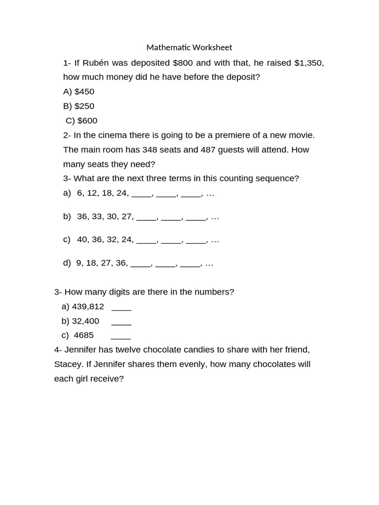 Mathematic Worksheet | PDF