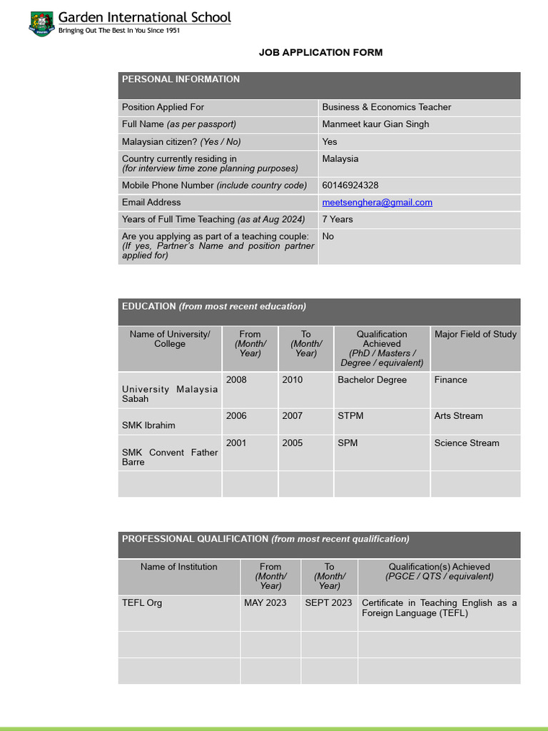 Job Application: Business Teacher Position | PDF